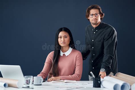 Architecture Portrait And Man With Woman Laptop And Blueprint For