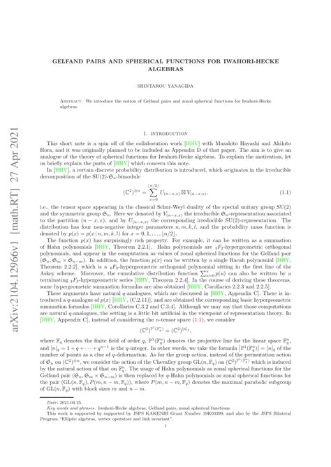 Pdf Gelfand Pairs And Spherical Functions For Iwahori Hecke Algebras