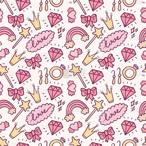 矢量粉色无缝模式。可爱的涂鸦孤立插图。公主的女孩珠宝。背景或牛皮纸装饰。素材 花瓣网