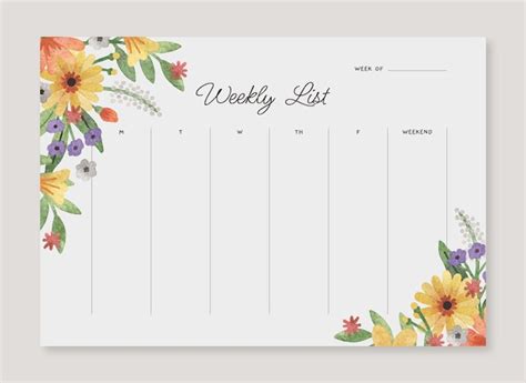 Planificador Semanal Floral Dibujado A Mano En Acuarela Vector Premium