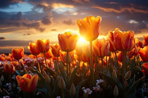 Premium Ai Image A Field Of Tulips With The Sun Setting Behind Them