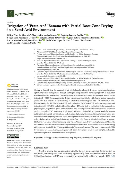 Pdf Irrigation Of ‘prata Anã Banana With Partial Root Zone Drying In A Semi Arid Environment
