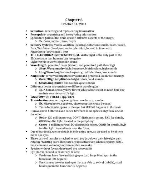 Sensation Perception Sensory Systems Notes Psych 201 Docsity