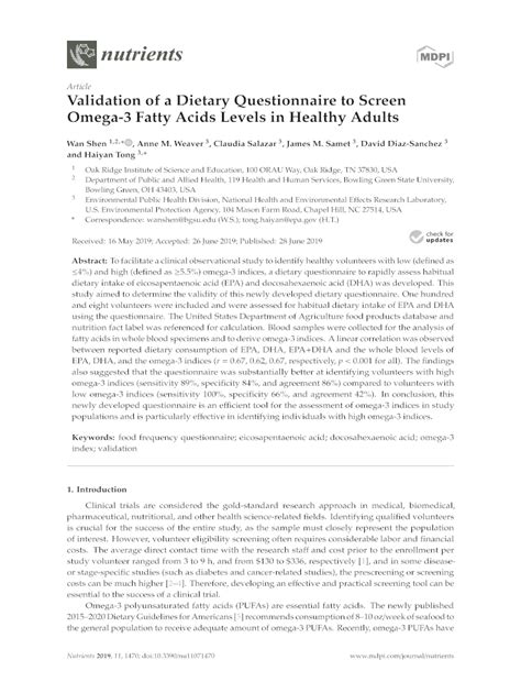 Fillable Online Validation Of A Dietary Questionnaire To Screen Omega 3 Fatty Fax Email
