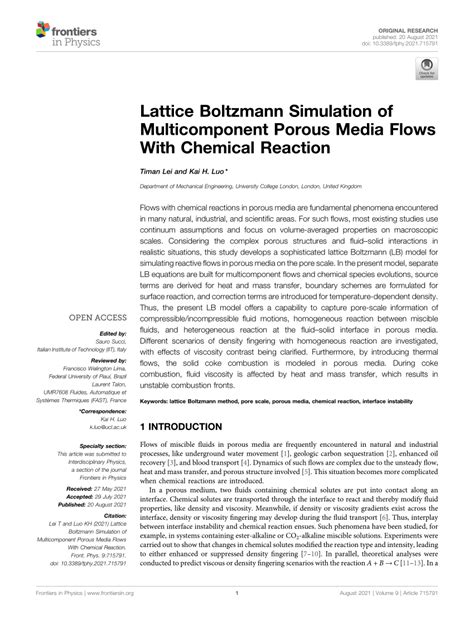 PDF Lattice Boltzmann Simulation Of Multicomponent Porous Media Flows With Chemical Reaction