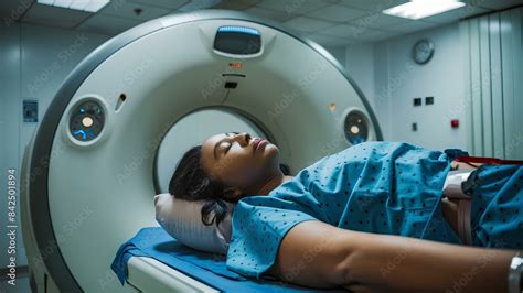 Patient Is Lying Down At Ct Scanner Bed Female Is Moving Into Mri