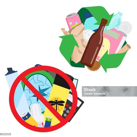 벡터 일러스트레이션을 재활용할 수 있는 것과 재활용할 수 없는 것 내부에 다른 쓰레기가 있는 재활용 기호 0명에 대한 스톡 벡터 아트 및 기타 이미지 Istock