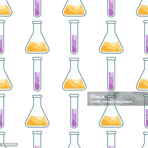 화학 튜브와 원뿔형 플라스크가 있는 패턴으로 내부에 시약과 유색 액체가 들어 있습니다 매끄러운 질감 건강관리와 의술에 대한 스톡 벡터 아트 및 기타 이미지 Istock