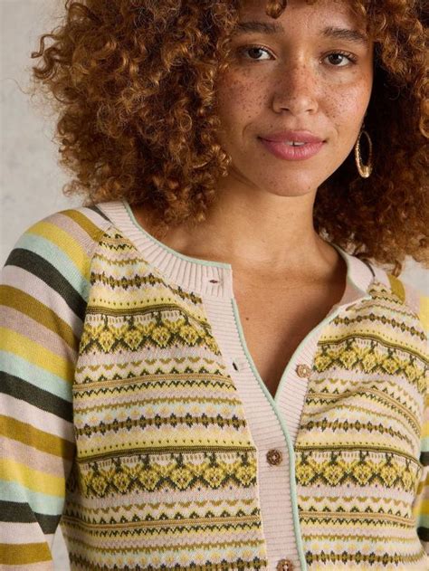 White Stuff Lulu Organic Cotton Stripe Fair Isle Cardigan Yellowmulti