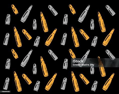 총알 총 은색과 금색 전투 카트리지 무늬 검은색 배경입니다 벡터 일러스트 레이 션입니다 조각 잉크 스타일 소총에 대한 스톡 벡터 아트 및 기타 이미지 Istock