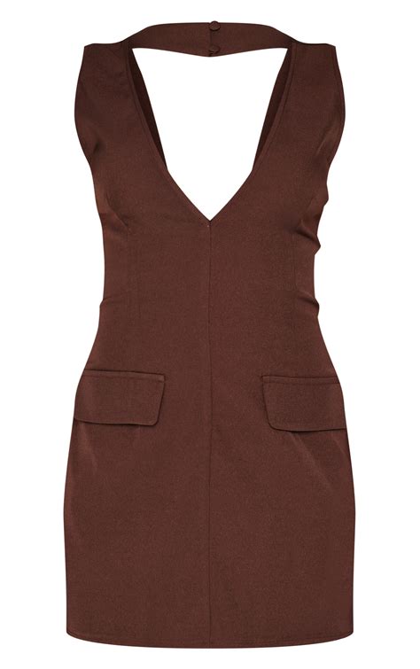 Chocolate Plunge Pocket Detail Mini Dress Dresses Prettylittlething