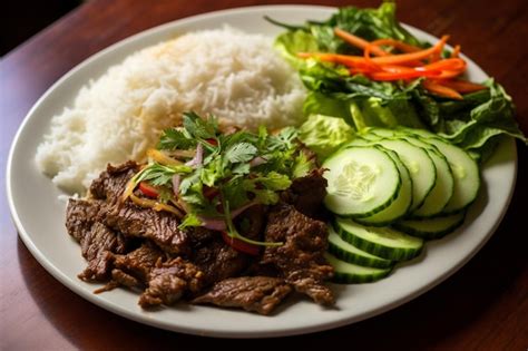 A Plate Of Rendang With Rice Sambal And Fresh Vegetable Premium Ai