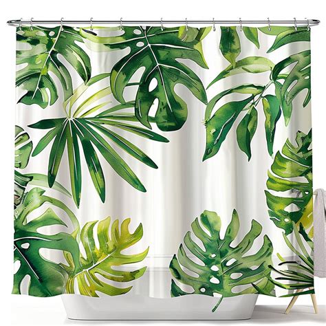 Exotic Tropical Rainforest Shower Curtain White Background With Green
