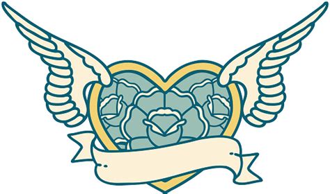 꽃과 배너와 함께 날아다니는 심장의 상징적인 문신 스타일 이미지 Galentines Day에 대한 스톡 벡터 아트 및 기타