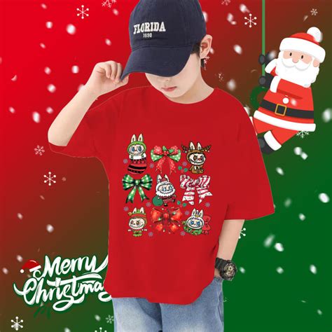 เสื้อยืดคริสต์มาสสำหรับเด็ก Labubu Monster Christmas เสื้อยืดเด็กแขน
