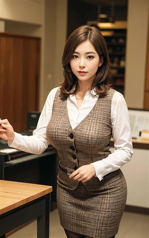 最好的质量 真实感 8千 高分辨率 杰作 1 名女孩 有吸引力的服务员 大乳房 0 5 成熟女士 浅棕色的头发 随机发型 完美比例 解剖正确 格子背心 铅笔