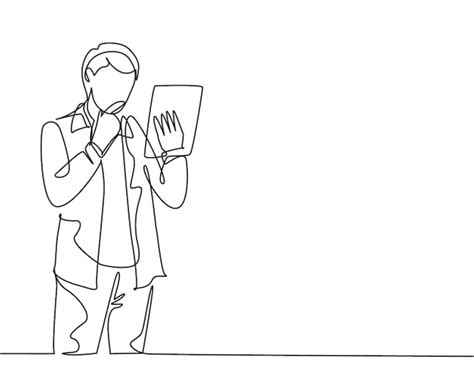 Dessin Au Trait Continu Unique Jeune Homme Daffaires Debout Tenant L