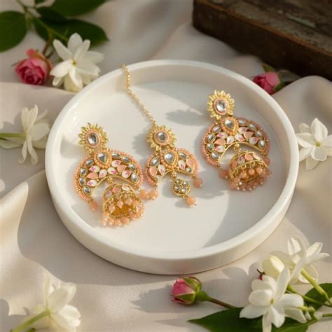 Peach Color Meena Work Kundan Earrings Tikka Set Featuring Soft Tradit