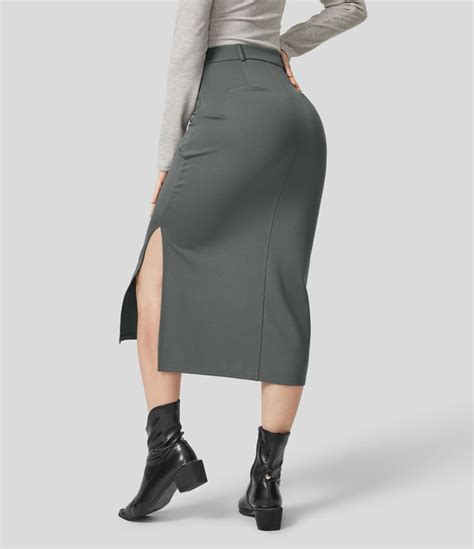 Womens High Waisted Button Zipper Front Side Pocket Split Bodycon Midi