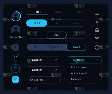控制面板UI元素工具包主标签可编辑的隔离向量组件接口按钮移动应用程序的网页设计包 带有黑暗主