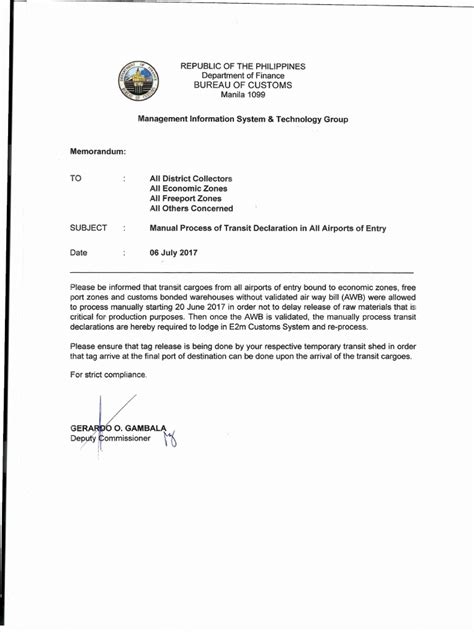 Bureau Of Customs Memo On Manual Process Of Transit Declaration At Ph