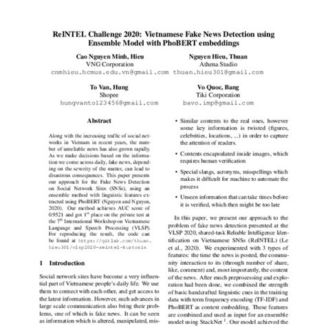 reintel challenge 2020 vietnamese fake news detection usingensemble model with phobert