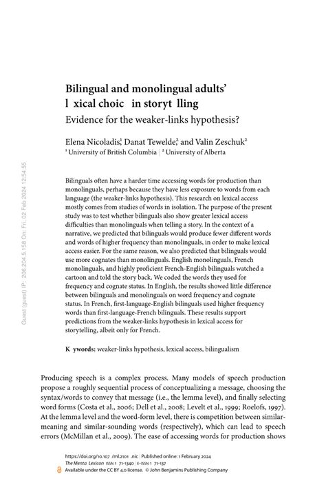 Pdf Bilingual And Monolingual Adults Lexical Choice In Storytelling Evidence For The Weaker