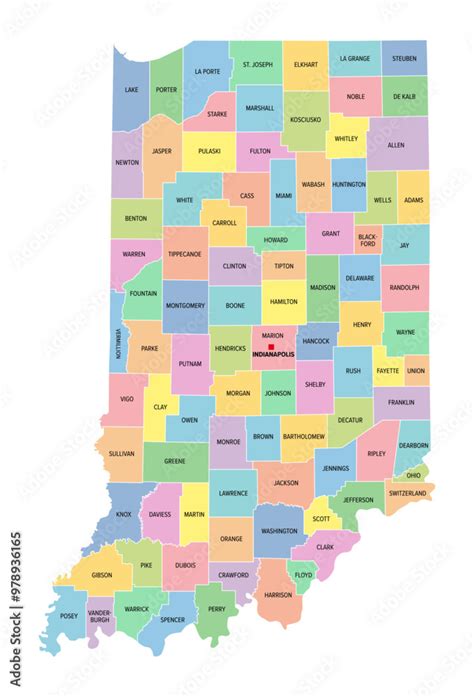 Indiana Us State Subdivided Into 92 Counties Multi Colored