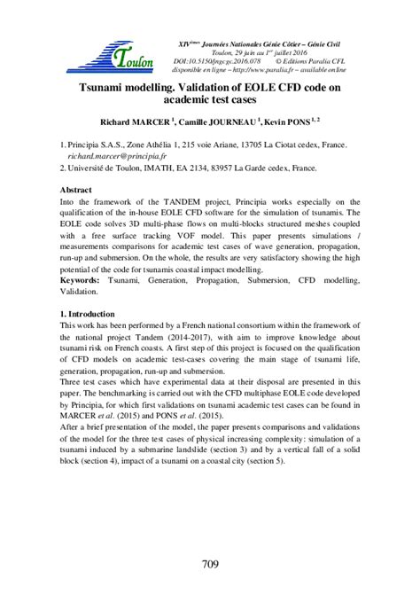 Pdf Tsunami Modelling Validation Of Eole Cfd Code On Academic Test