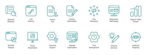 포괄적인 디지털 마케팅 및 Seo 아이콘 세트 키워드 연구 링크 구축 앵커 텍스트 콘텐츠 최적화 바이럴 마케팅 반응형 웹 디자인 유기적 트래픽 성장 백링크 분석 0명에 대한