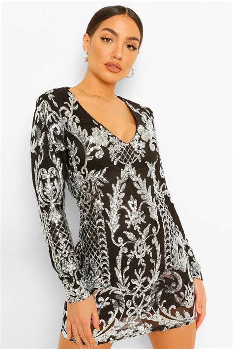 Sequin Demask Long Sleeve Mini Dress Boohoo