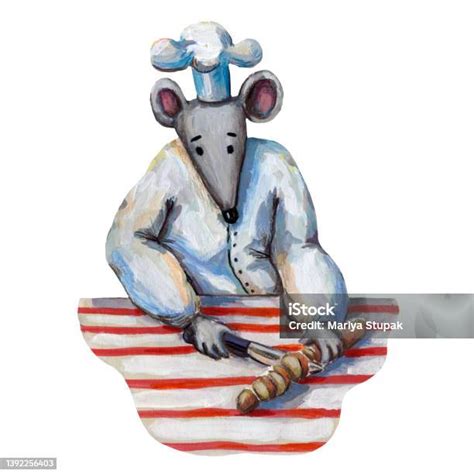 마우스의 귀여운 구아슈 그림 마우스 요리사 주방 예술 모자에 마우스 요리 일러스트레이션 주방 클립 아트 재미있는 만화 스타일 손으로 그린 예술 요리 모자에 쥐 레스토랑 직업