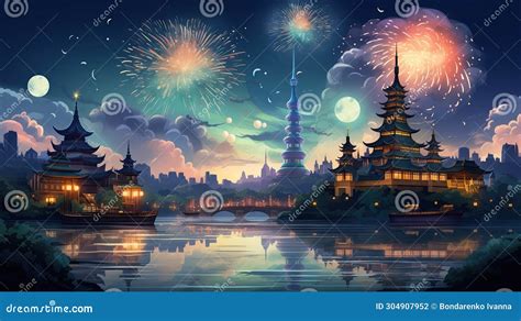 Fireworks Skyline And Cityscape Night Scene View Of River Side Stock