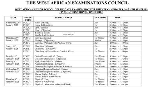 Waec Gce 1st Series Timetable For Januaryfebruary 2025