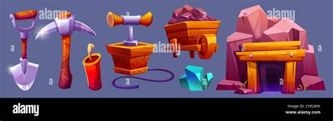 Coalmine Entrance And Mining Equipment Set Isolated On Background