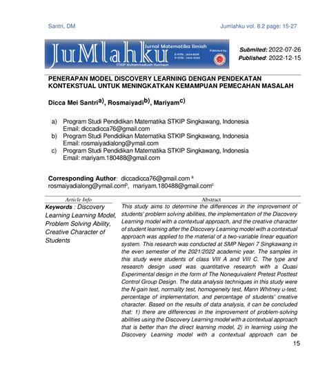 Pdf Penerapan Model Discovery Learning Dengan Pendekatan Kontekstual