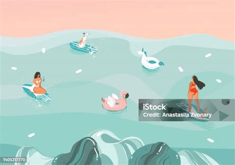 손으로 그린 벡터 스톡 추상 그래픽 일러스트 레이 션 재미있는 일광욕 가족 사람들 그룹 바다 파도 풍경 수영 및 컬러 배경에