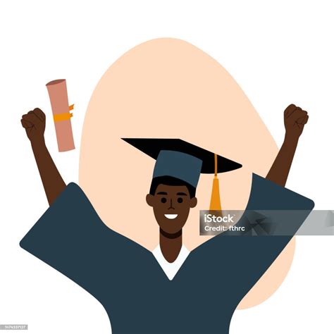 쾌활한 흑인 남성 졸업생이 졸업장과 대학원 모자를 머리에 쓰고 졸업을 축하합니다 행복한 졸업 포스터 또는 카드 템플릿 디자인을 위한 개념 벡터 드로잉 졸업식에 대한 스톡