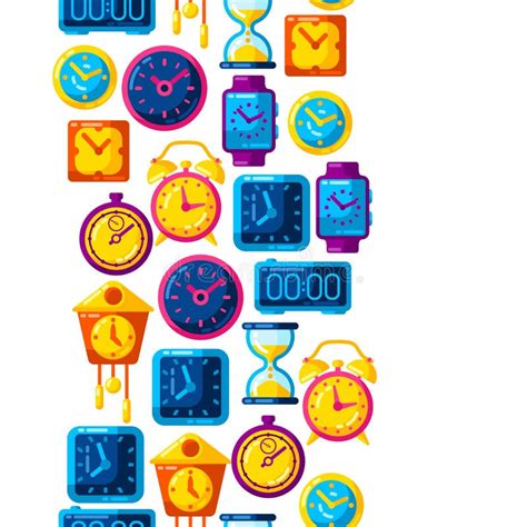 Seamless Pattern With Different Clocks Stylized Icons For Design And
