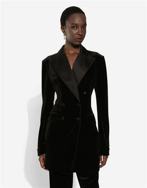 Double Breasted Velvet Turlington Jacket In Black For Women Dolceandgabbana® Us