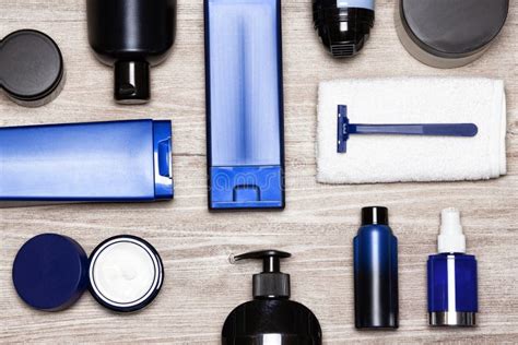 Men Cosmetics Must Haves Male Grooming Products Flat Lay Stock Image