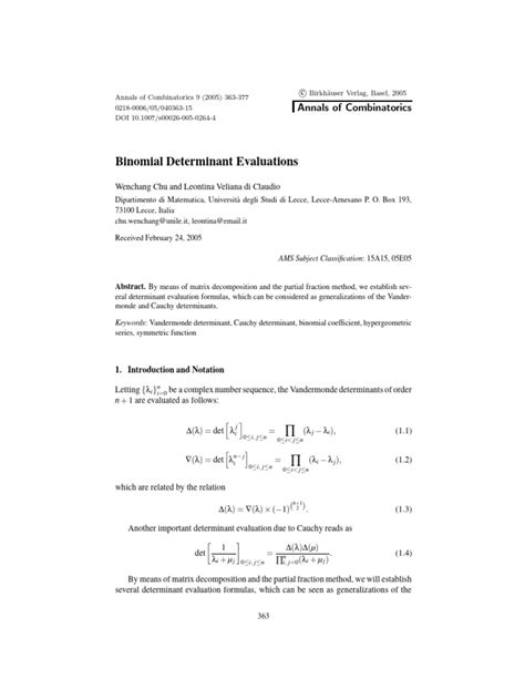 Chu2005 Binomial Determinants Pdf Determinant Matrix Mathematics