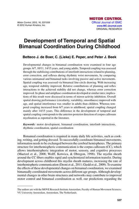 Pdf Development Of Temporal And Spatial Bimanual Coordination During