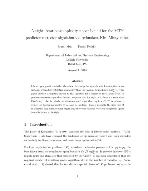 PDF A Tight Iteration Complexity Upper Bound For The MTY Predictor