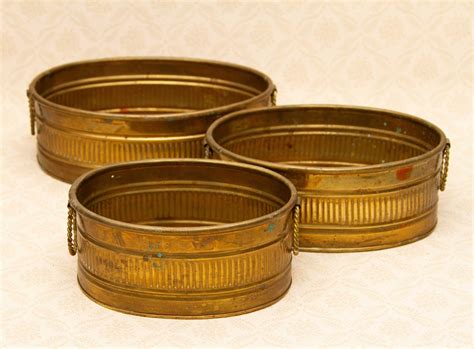 Set Of Graduated Oval Indian Brass Vintage Planters With Handles