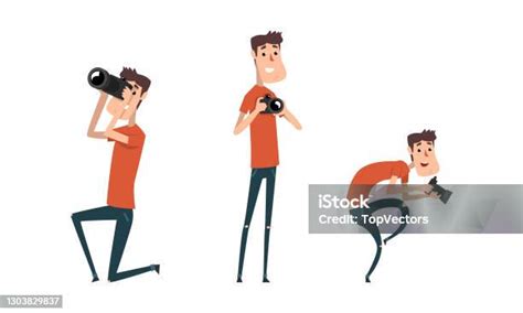 카메라 세트와 함께 사진을 찍는 남자 파파라치 다양한 포즈 만화 벡터 일러스트에서 카메라와 재미있는 사진 작가 남자에 대한 스톡 벡터 아트 및 기타 이미지 Istock