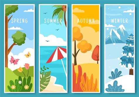 Premium Vector Scenery Of The Four Seasons Of Nature With Landscape Template Hand Drawn
