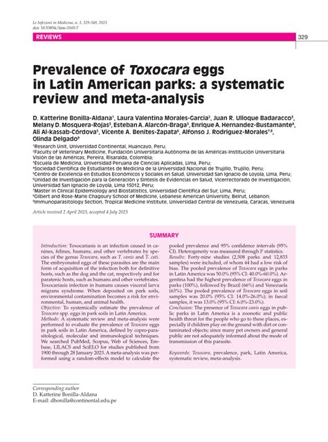 Pdf Prevalence Of Toxocara Eggs In Latin American Parks A Systematic Review And Meta Analysis