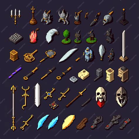 8비트 스타일 Ai의 Rpg 게임 복고풍 아이콘을 위한 Rpg 게임 아이템 컬렉션의 픽셀 아트 세트 프리미엄 사진