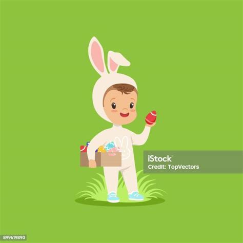 아이 재미 부활절 달걀 사냥 벡터 그림에 그려진된 계란의 상자를 들고 흰 토끼 의상 귀여운 소년 Film Festival에 대한